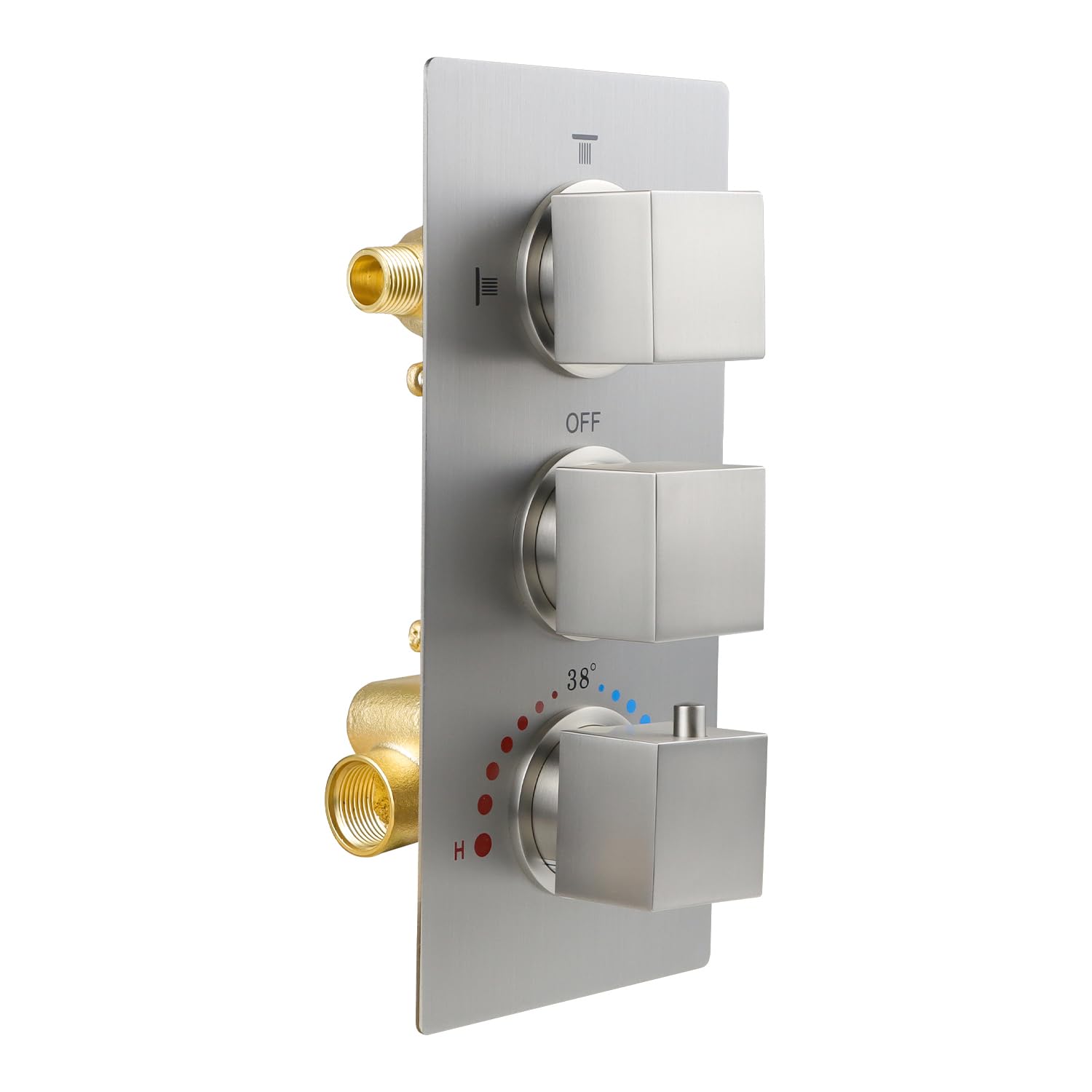 HOMEDEC Brushed Nickel 3 Way Shower Valve Thermostatic Anti-scald with 3 Square Knobs, Water ...