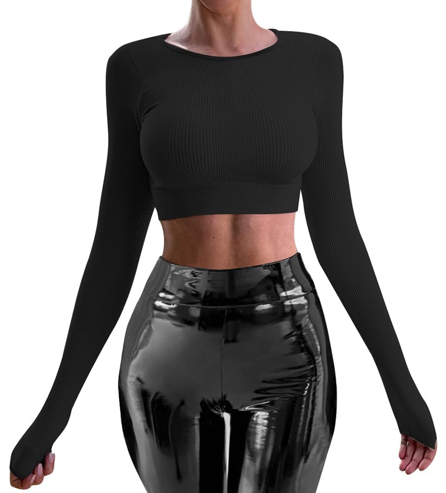 eoeoo Women's Long Sleeve Crop Top Crewneck Ribbed Stretchy Slim Fitted ...