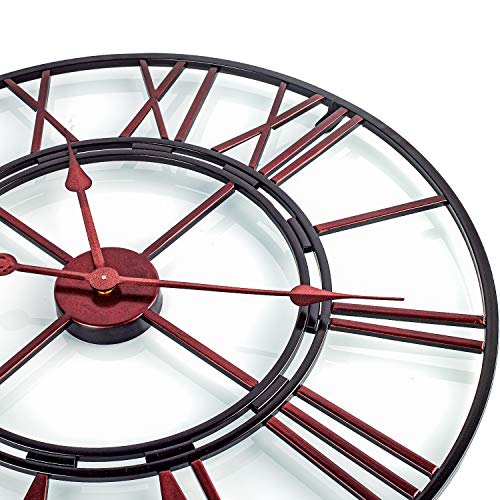 BEW Large Wall Clock, 24 Inch Red Skeleton Vintage Industrial ...