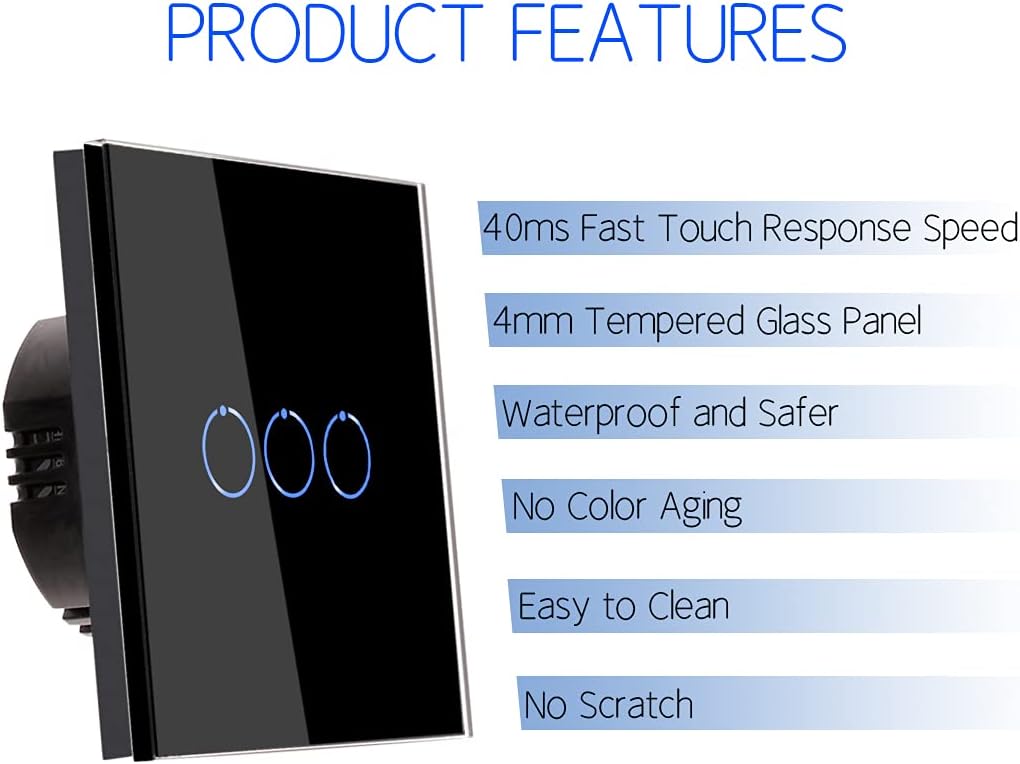 CNBINGO Touch Light Switch, Black Triple 2-Way Light Switch, Tempered ...