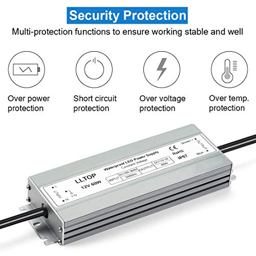 LLTOP LED Driver 60 Watts Waterproof IP67 Power Supply AC100-264V to 12V DC 5A Low Voltage ...
