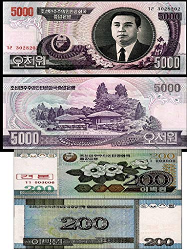 GOLD MINT 2005 North Korea 5000 and 200 Won Original Currency Foreign ...