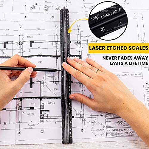 Scale Ruler Triangular Architectural 6-Piece Set- 12Inch Aluminum Black ...