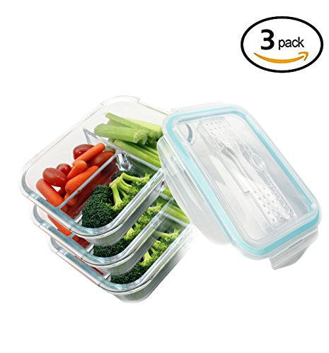 Buy (3 Pack) Glass Food Storage Containers with Lids 3 Compartment ...