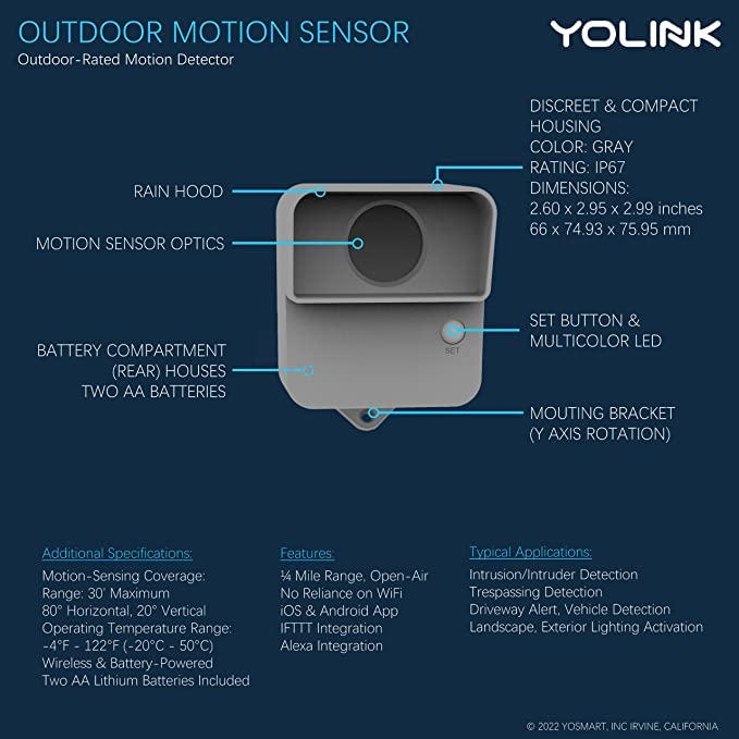 YOLINK LoRa Smart Outdoor Motion Detector Sensor, Driveway Alert, Property Invasion/Tresspassing ...