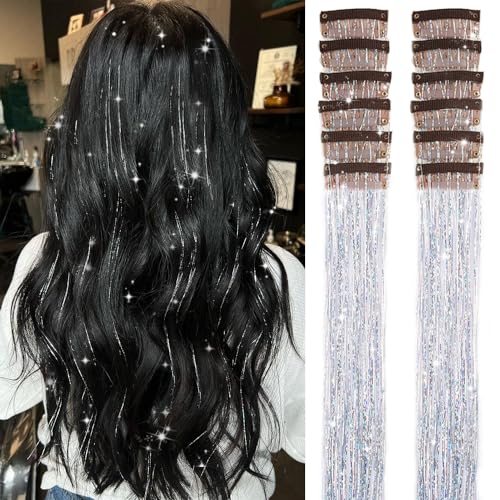 Hair Tinsel Pack of 12 Pcs Clip in Hair Tinsel Kit, 20 Inch Glitter ...