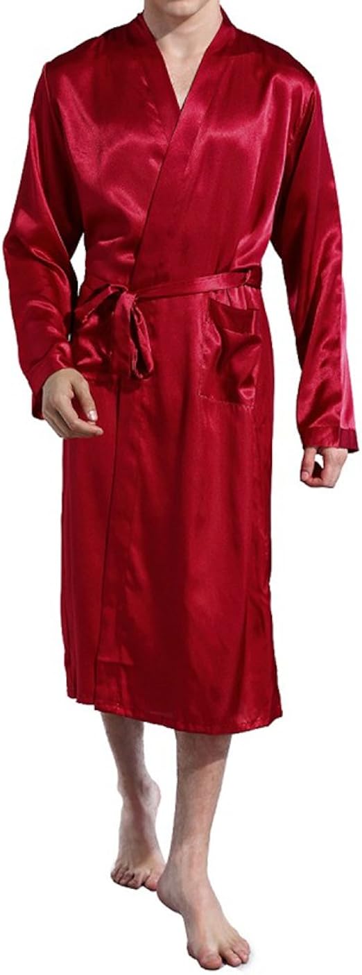 Elountik Men V Neck Satin Robe Kimono Long Bathrobe Lightweight ...