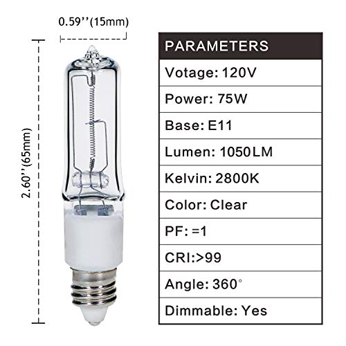 GMY JDE11 120V 75W T4 Mini Candelabra Bulb 1050lm 2800K Clear Dimmable JD E11 Halogen 75W Bulbs ...