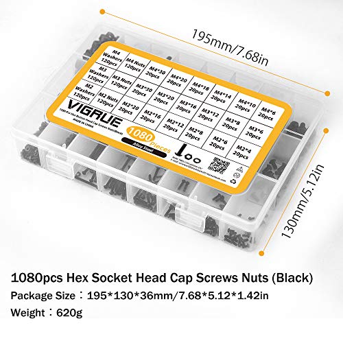 VIGRUE M2 M3 M4 Hex Socket Button Head Cap Screws Bolts Nuts Washers Assortment Kit with Allen ...