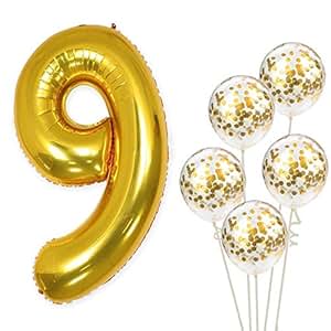 Amazon.com: KatchOn Number 9 and Gold Confetti Balloons - Large, 40 ...