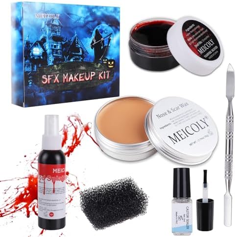 MEICOLY SFX Makeup Kit Scars Wax, Fake Blood Spray(2.1Oz) Halloween ...