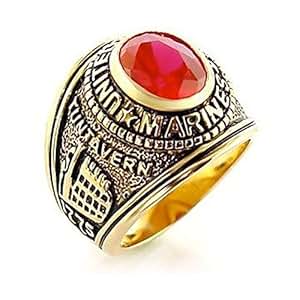 US Marines Ring Stainless Steel (Gold Plated w/ Red Stone) USMC Marines ...