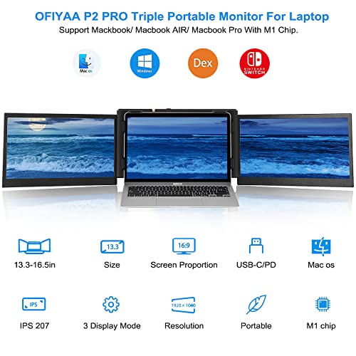 OFIYAA P2 Pro Portable Triple Monitor for Laptop, 13.3 ” Laptop Monitor Screen External Dual ...