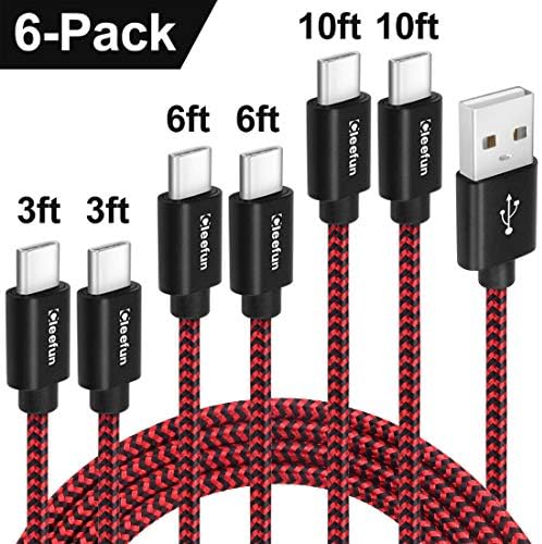 CLEEFUN USB Type C Charger Cable Fast Charging, [6-Pack, 3/3/6/6/10/10 ft] Nylon Braided USB C ...