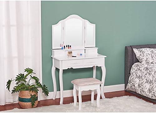 Modern White Folding Three Mirror Dressing Table with Padded Stool 4 ...