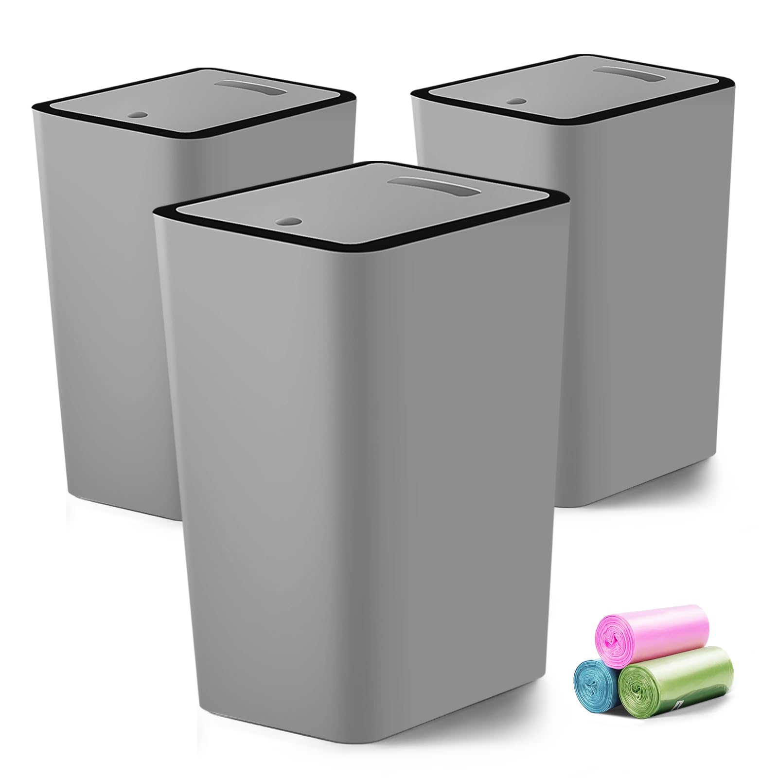 Small Trash Can, 3 Pack 4 Gallons Bathroom Garbage Can with Lid Press ...