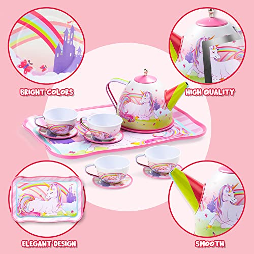 JOYIN Unicorn Tea Party Set for Little Girls, Pretend Pink Tin Teapot ...