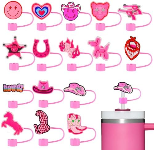 Yaveron 16Pcs Preppy Pink Straw Cover Topper for Stanley 40oz Tumbler ...