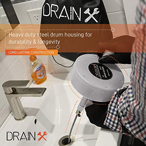 Drainx Pro 50-FT Heavy Duty Steel Drum Drain Auger Plumbing Snake with ...