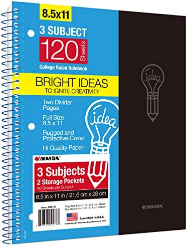 KAISA Spiral Notebook, 3-Subject Notebook, 120Sheets, College Ruled 8 ...