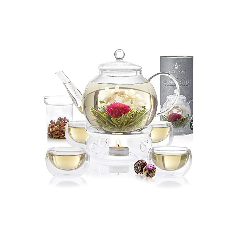 Teabloom Complete Tea Set – Glass Teapot (40 OZ), Loose Tea Glass ...