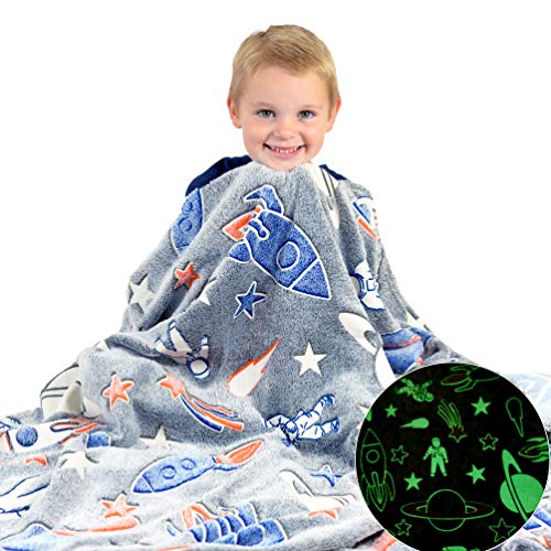 Space Glow in The Dark Blanket for Kids - Soft Plush Star Space Ship ...