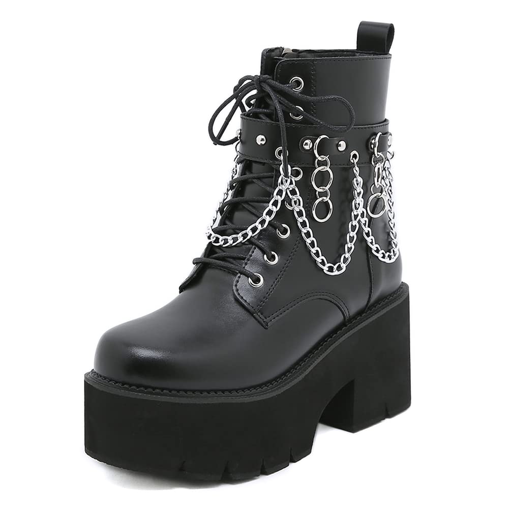 mikarka Women's Chain Platform Boots Lace Up & Zipper Chunky Heel Black ...