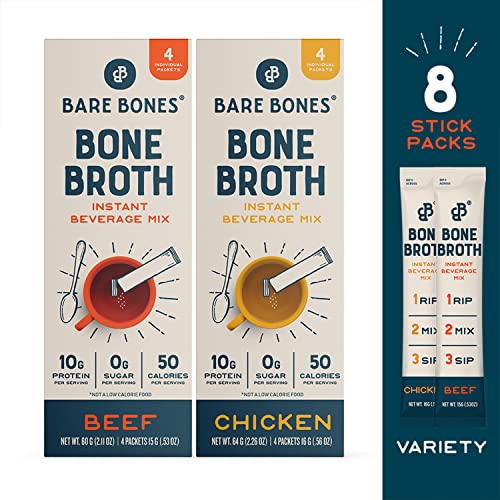 Bare Bones Bone Broth Instant Powdered Mix, Variety Pack, 4 Chicken and ...