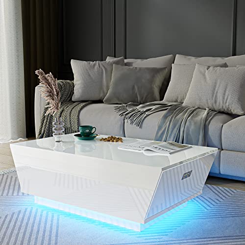 Cozy Castle White Modern Coffee Table with LED Lights, High Gloss ...