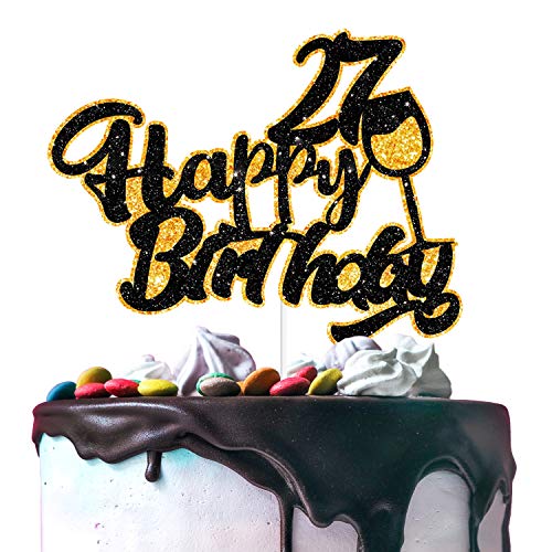 AERZETIX Happy 27th Birthday Cake Topper Black Gold Glitter Wine Glass ...