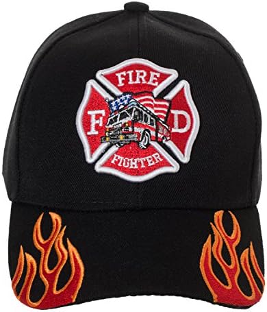 Fire Fighter Fire Department Rescue Flames Baseball Cap Hat (Black ...