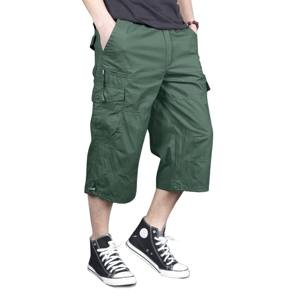 MAGNIVIT Mens Capri Long Twill Elastic Cargo Shorts Below Knee 3/4 Cargo Shorts Cotton Relaxed ...