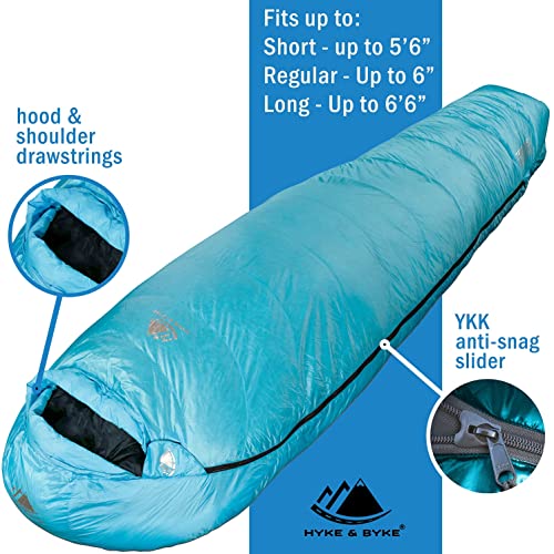 Hyke & Byke Quandary 15 F Hiking & Backpacking Sleeping Bag - 3 Season, 650FP Duck Down Sleeping ...