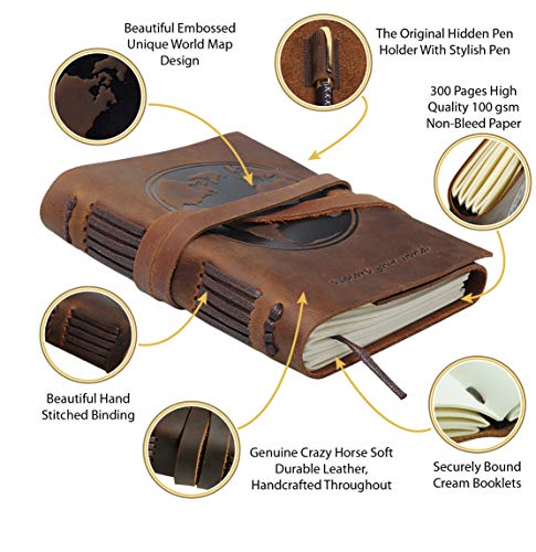 Leather Journal World Map Notebook Embossed Handmade Travel Diary, A5 ...