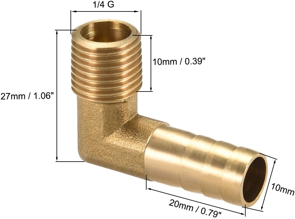 sourcing map Brass Barb Hose Fitting, 90 Degree Elbow 10mm Barbed to 1/4″ G Male Pipe Adapter ...
