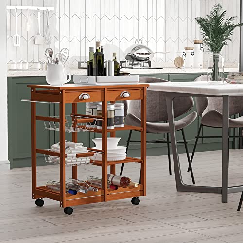 HOMCOM Wooden Rolling Kitchen Cart, Tile Counter Top Kitchen Island on ...