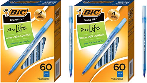 BIC Round Stic Xtra Life Ballpoint Pen, Medium Point (1.0mm), Blue, 60-Count - 2 Pack | Pricepulse