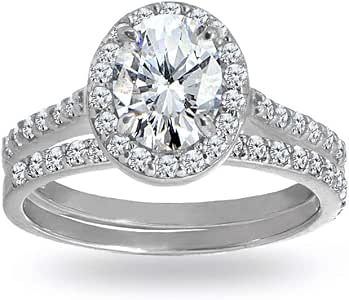 Amazon.com: Sterling Silver Cubic Zirconia Oval-cut Halo Bridal Wedding ...