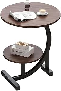TOMVAES 2 Tier C Shaped End Table, Round Side Table, Wooden Coffee Table with Metal Frame ...