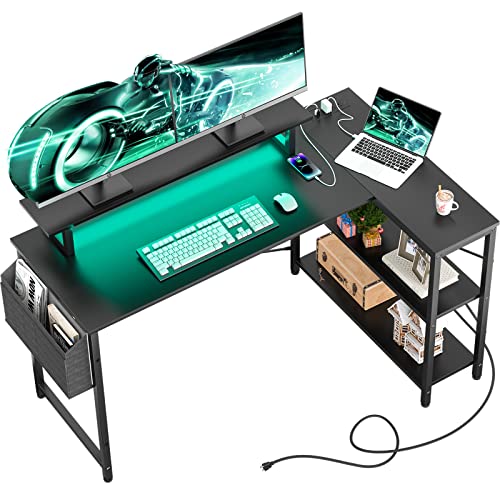 Homieasy L Shaped Computer Desk with LED Strip & Power Strip, 55 Inch ...