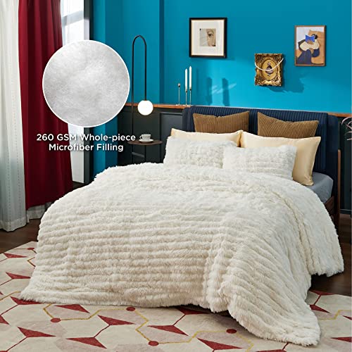 Bedsure Fluffy White Comforter Queen Set 3 Pieces - Faux Fur Stripes Design Comforter, Luxury ...