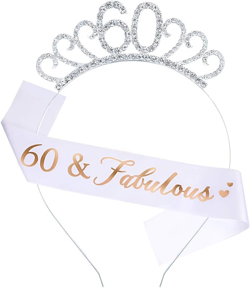 hugttt 60th Birthday Tiara and Sash 60 Fabulous Champagne Glitter Satin ...