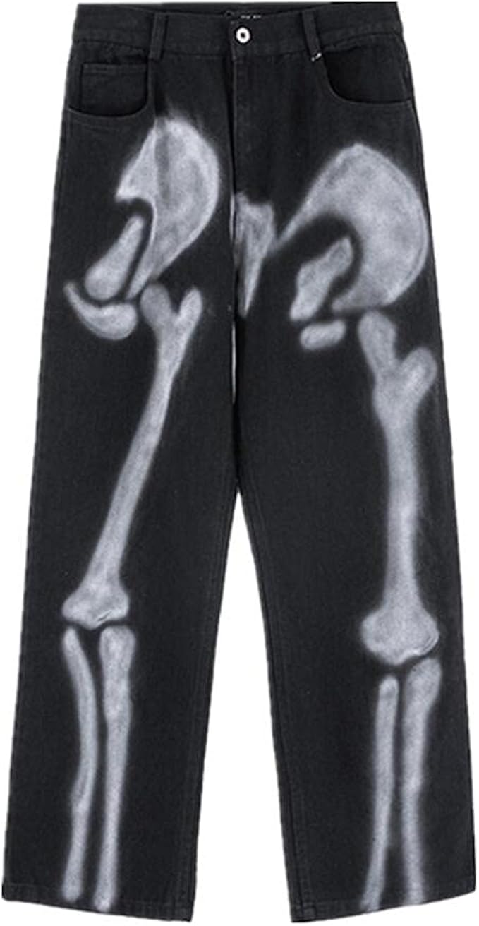 N\P Men Hip Hop Bone Print Pants Streetwear Denim Pants Harajuku Cotton ...