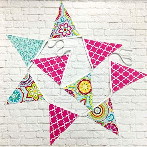 Amazon.com: Pink and Turquoise Handmade 9 ft Fabric Flag Party Bunting ...