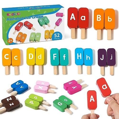 Alphabet Ice Cream Matching Toy, 52 PCS ABC Learning Toys for Toddlers, Wooden Letters Game with ...