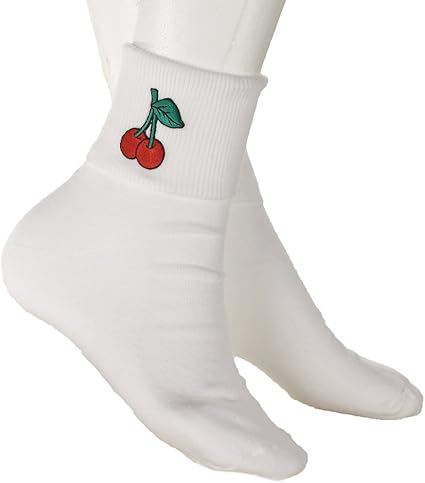 Cherry Socks - White Bobby Sox with Embroidered Retro Appliques: Amazon ...