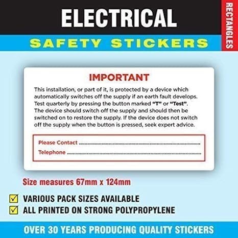 Pack of 50-67 x 124mm - Important Test - Electrical Safety Stickers ...
