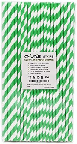 chunspak Long Paper Straws Green and White Stripe, 10.25 Inch, 100 ...