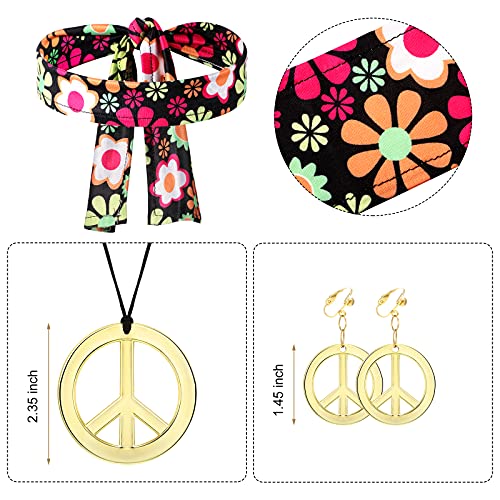 SATINIOR Women Hippie Costume Set Peace Sign Earring Necklace Headband Dress Ankle Socks (Black ...