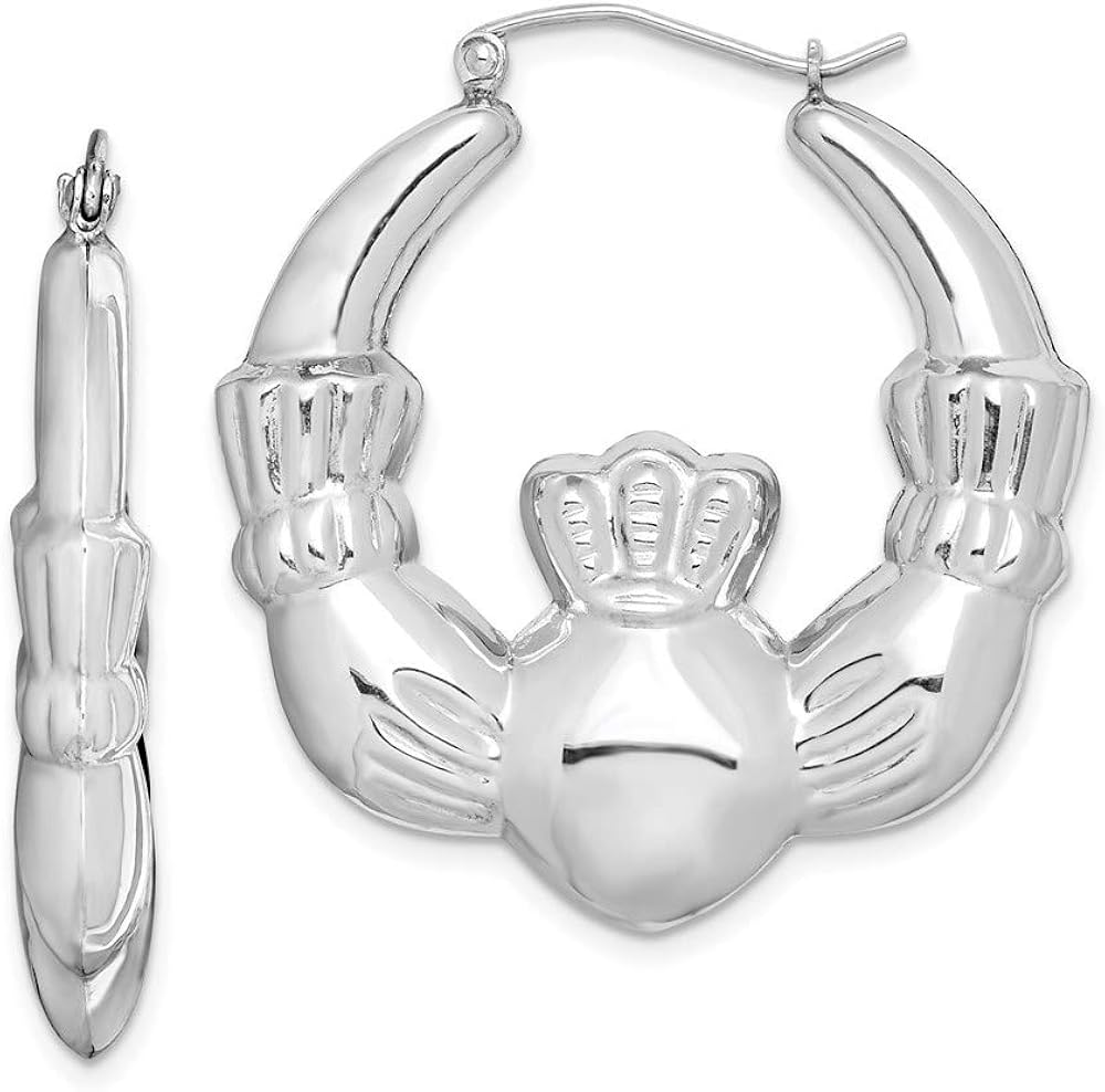Amazon.com: Sterling Silver Rhodium-plated Claddagh Hoop Earrings 35mm ...